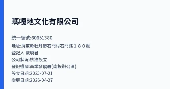 瑪嘎地文化有限公司的照片-統編 60651380(屏東縣) 公司登記資料與營業項目詳細圖表