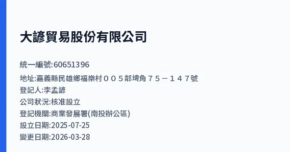 大諺貿易股份有限公司的照片-統編 60651396(嘉義縣) 公司登記資料與營業項目詳細圖表