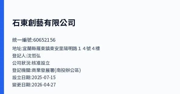 石東創藝有限公司的照片-統編 60652156(宜蘭縣) 公司登記資料與營業項目詳細圖表