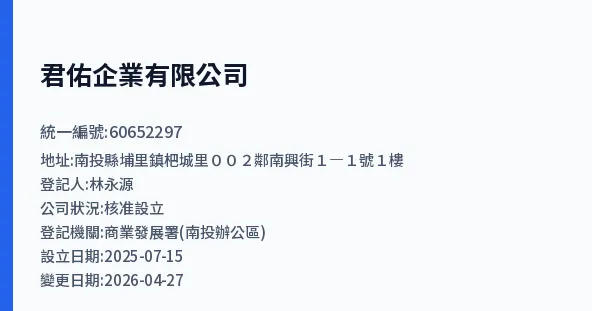 君佑企業有限公司的照片-統編 60652297(南投縣) 公司登記資料與營業項目詳細圖表