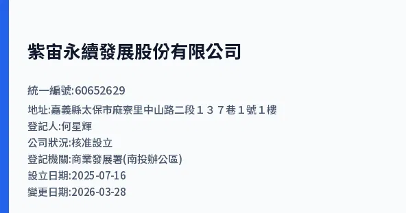 紫宙永續發展股份有限公司的照片-統編 60652629(嘉義縣) 公司登記資料與營業項目詳細圖表