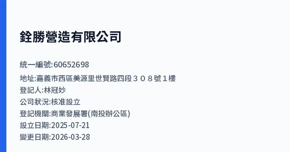 銓勝營造有限公司的照片-統編 60652698(嘉義市) 公司登記資料與營業項目詳細圖表