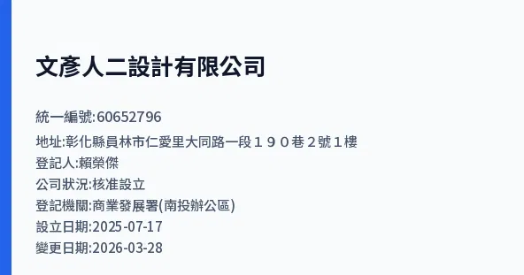 文彥人二設計有限公司的照片-統編 60652796(彰化縣) 公司登記資料與營業項目詳細圖表
