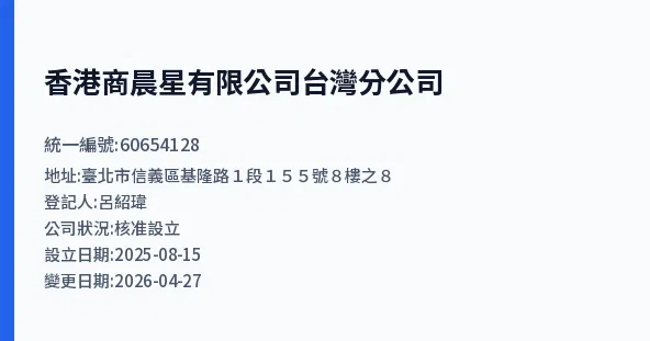 香港商晨星有限公司台灣分公司的照片-統編 60654128(臺北市) 公司登記資料與營業項目詳細圖表