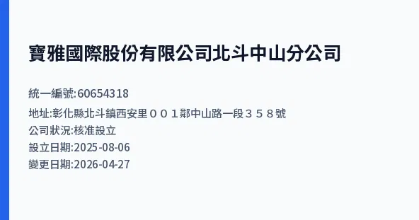 寶雅國際股份有限公司北斗中山分公司的照片-統編 60654318(彰化縣) 公司登記資料與營業項目詳細圖表