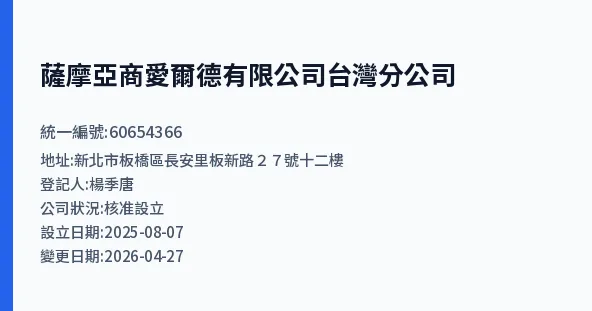 薩摩亞商愛爾德有限公司台灣分公司的照片-統編 60654366(新北市) 公司登記資料與營業項目詳細圖表