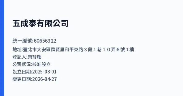 五成泰有限公司的照片-統編 60656322(臺北市) 公司登記資料與營業項目詳細圖表