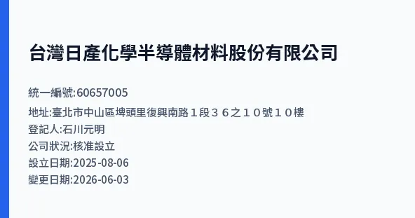 台灣日產化學半導體材料股份有限公司的照片-統編 60657005(臺北市) 公司登記資料與營業項目詳細圖表