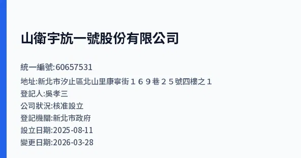 山衛宇斻一號股份有限公司的照片-統編 60657531(新北市) 公司登記資料與營業項目詳細圖表