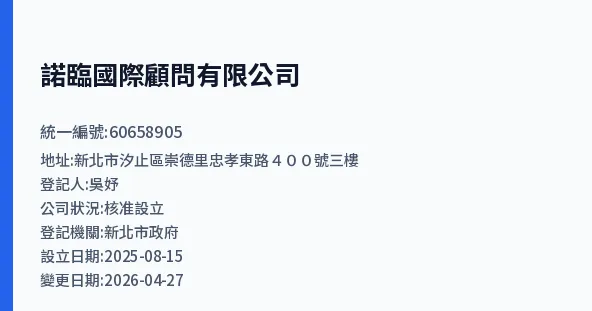 諾臨國際顧問有限公司的照片-統編 60658905(新北市) 公司登記資料與營業項目詳細圖表