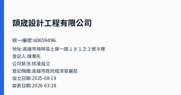 頡宬設計工程有限公司的照片-統編 60659496(高雄市) 公司登記資料與營業項目詳細圖表