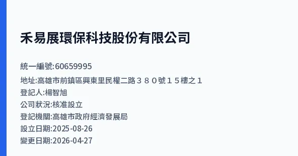 禾易展環保科技股份有限公司的照片-統編 60659995(高雄市) 公司登記資料與營業項目詳細圖表