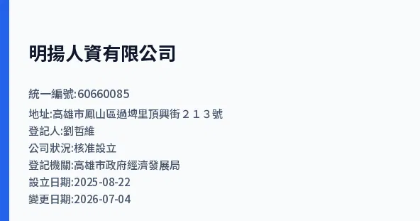 明揚人資有限公司的照片-統編 60660085(高雄市) 公司登記資料與營業項目詳細圖表