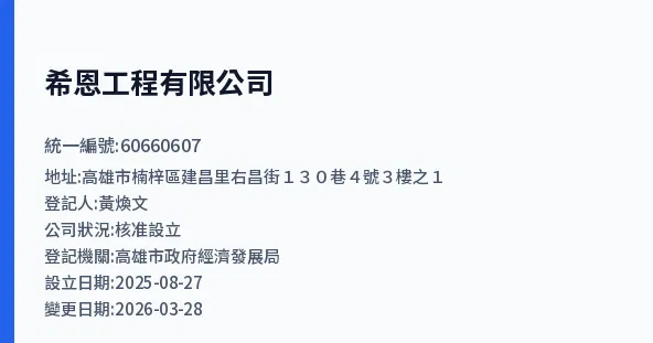希恩工程有限公司的照片-統編 60660607(高雄市) 公司登記資料與營業項目詳細圖表