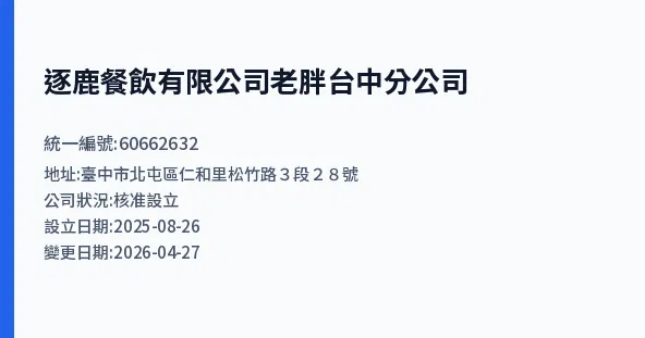 逐鹿餐飲有限公司老胖台中分公司的照片-統編 60662632(臺中市) 公司登記資料與營業項目詳細圖表