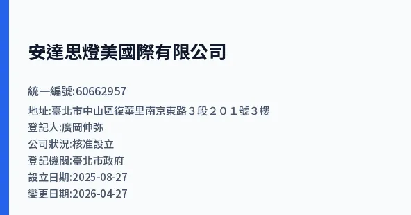 安達思燈美國際有限公司的照片-統編 60662957(臺北市) 公司登記資料與營業項目詳細圖表