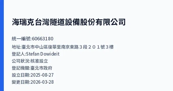 海瑞克台灣隧道設備股份有限公司的照片-統編 60663180(臺北市) 公司登記資料與營業項目詳細圖表