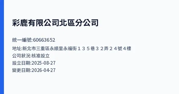 彩鹿有限公司北區分公司的照片-統編 60663652(新北市) 公司登記資料與營業項目詳細圖表