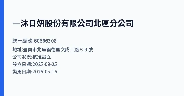 一沐日妍股份有限公司北區分公司的照片-統編 60666308(臺南市) 公司登記資料與營業項目詳細圖表