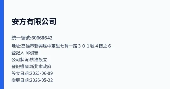 安方有限公司的照片-統編 60668642(新北市) 公司登記資料與營業項目詳細圖表
