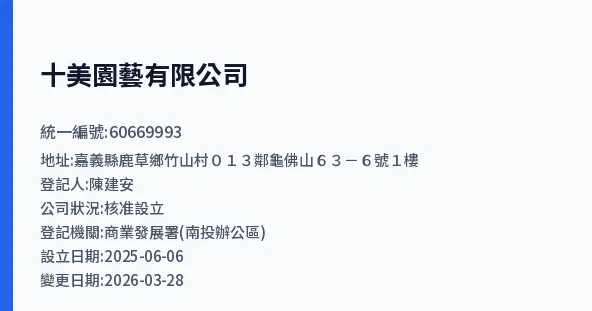 十美園藝有限公司的照片-統編 60669993(嘉義縣) 公司登記資料與營業項目詳細圖表