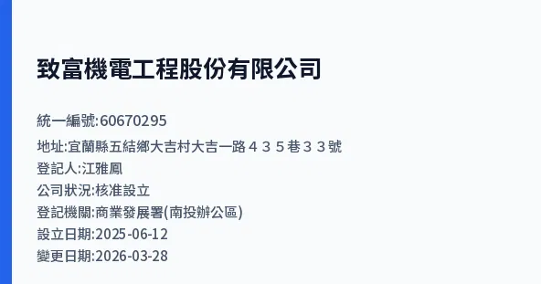 致富機電工程股份有限公司的照片-統編 60670295(宜蘭縣) 公司登記資料與營業項目詳細圖表