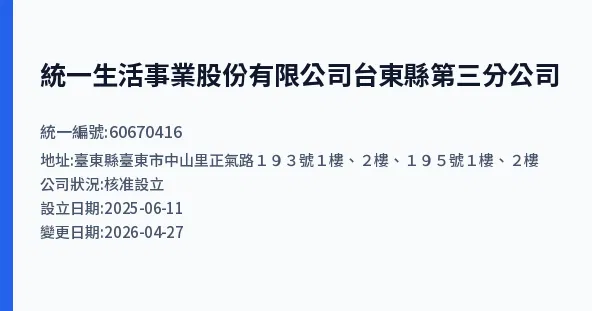 統一生活事業股份有限公司台東縣第三分公司的照片-統編 60670416(臺東縣) 公司登記資料與營業項目詳細圖表