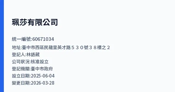 珮莎有限公司的照片-統編 60671034(臺中市) 公司登記資料與營業項目詳細圖表