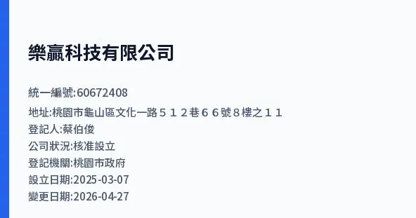 樂贏科技有限公司的照片-統編 60672408(桃園市) 公司登記資料與營業項目詳細圖表
