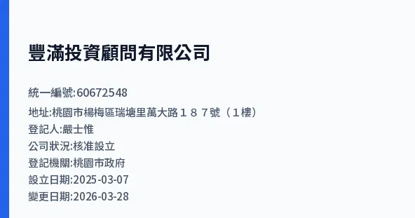 豐滿投資顧問有限公司的照片-統編 60672548(桃園市) 公司登記資料與營業項目詳細圖表