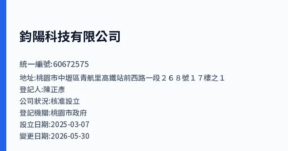 鈞陽科技有限公司的照片-統編 60672575(桃園市) 公司登記資料與營業項目詳細圖表