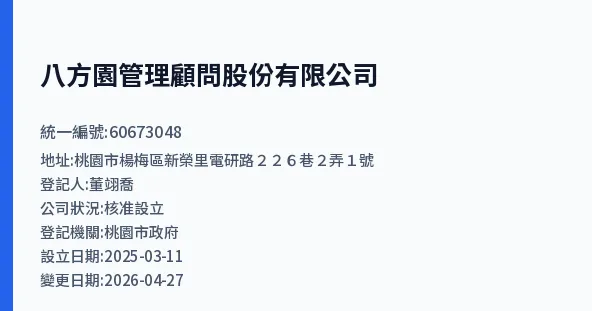 八方園管理顧問股份有限公司的照片-統編 60673048(桃園市) 公司登記資料與營業項目詳細圖表