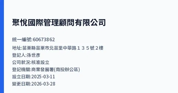 聚悅國際管理顧問有限公司的照片-統編 60673862(苗栗縣) 公司登記資料與營業項目詳細圖表