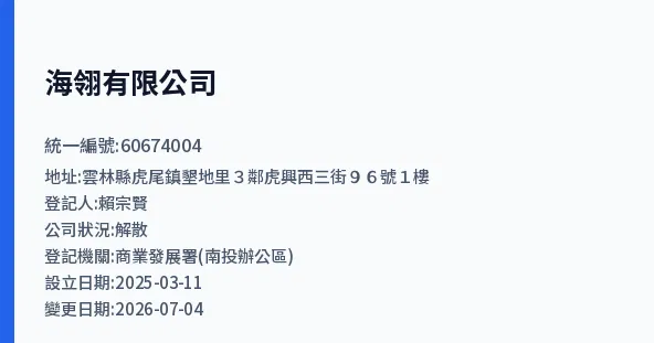 海翎有限公司的照片-統編 60674004(雲林縣) 公司登記資料與營業項目詳細圖表