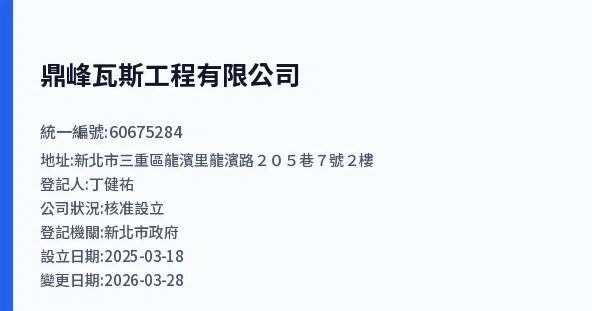 鼎峰瓦斯工程有限公司的照片-統編 60675284(新北市) 公司登記資料與營業項目詳細圖表