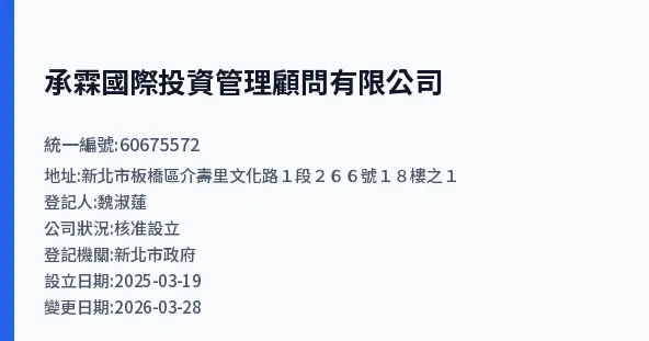 承霖國際投資管理顧問有限公司的照片-統編 60675572(新北市) 公司登記資料與營業項目詳細圖表