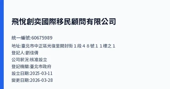 飛悅創奕國際移民顧問有限公司的照片-統編 60675989(臺北市) 公司登記資料與營業項目詳細圖表