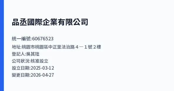 品丞國際企業有限公司的照片-統編 60676523(桃園市) 公司登記資料與營業項目詳細圖表