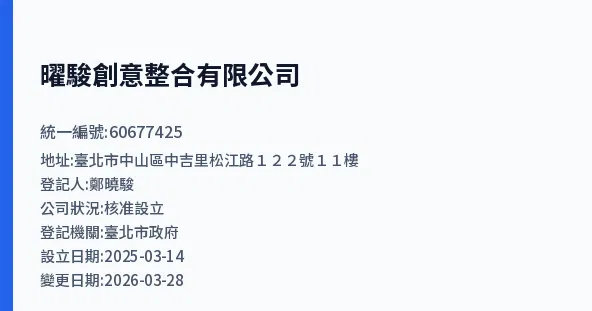 曜駿創意整合有限公司的照片-統編 60677425(臺北市) 公司登記資料與營業項目詳細圖表