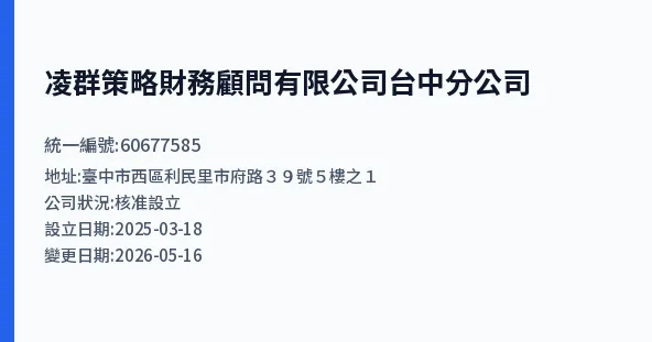 凌群策略財務顧問有限公司台中分公司的照片-統編 60677585(臺中市) 公司登記資料與營業項目詳細圖表