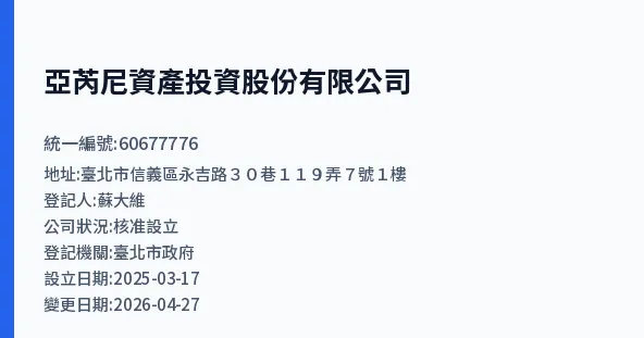 亞芮尼資產投資股份有限公司的照片-統編 60677776(臺北市) 公司登記資料與營業項目詳細圖表