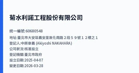 菊水利諾工程股份有限公司的照片-統編 60680548(臺北市) 公司登記資料與營業項目詳細圖表