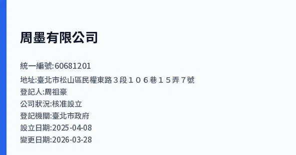 周墨有限公司的照片-統編 60681201(臺北市) 公司登記資料與營業項目詳細圖表