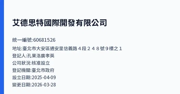 艾德思特國際開發有限公司的照片-統編 60681526(臺北市) 公司登記資料與營業項目詳細圖表