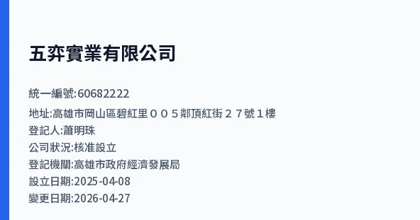 五弈實業有限公司的照片-統編 60682222(高雄市) 公司登記資料與營業項目詳細圖表