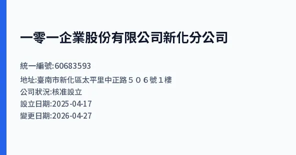 一零一企業股份有限公司新化分公司的照片-統編 60683593(臺南市) 公司登記資料與營業項目詳細圖表