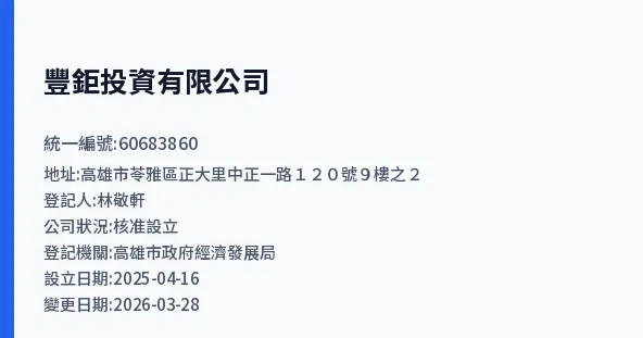 豐鉅投資有限公司的照片-統編 60683860(高雄市) 公司登記資料與營業項目詳細圖表