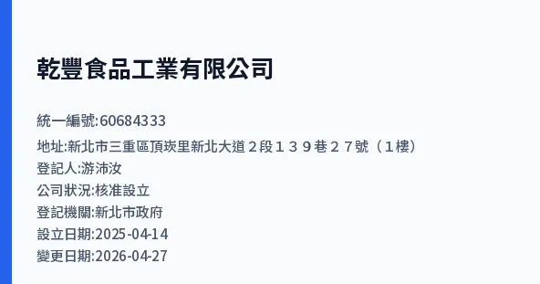 乾豐食品工業有限公司的照片-統編 60684333(新北市) 公司登記資料與營業項目詳細圖表