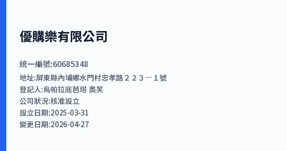 優購樂有限公司的照片-統編 60685348(屏東縣) 公司登記資料與營業項目詳細圖表