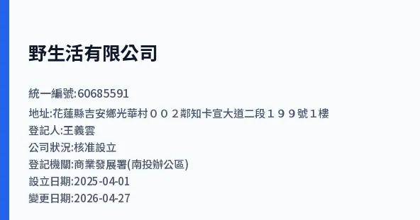 野生活有限公司的照片-統編 60685591(花蓮縣) 公司登記資料與營業項目詳細圖表